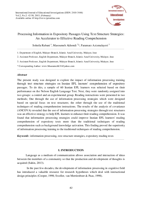 Processing Information in Expository Passages Using Text Structure ...