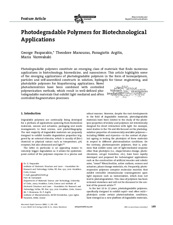(PDF) Photodegradable Polymers for Biotechnological Applications ...