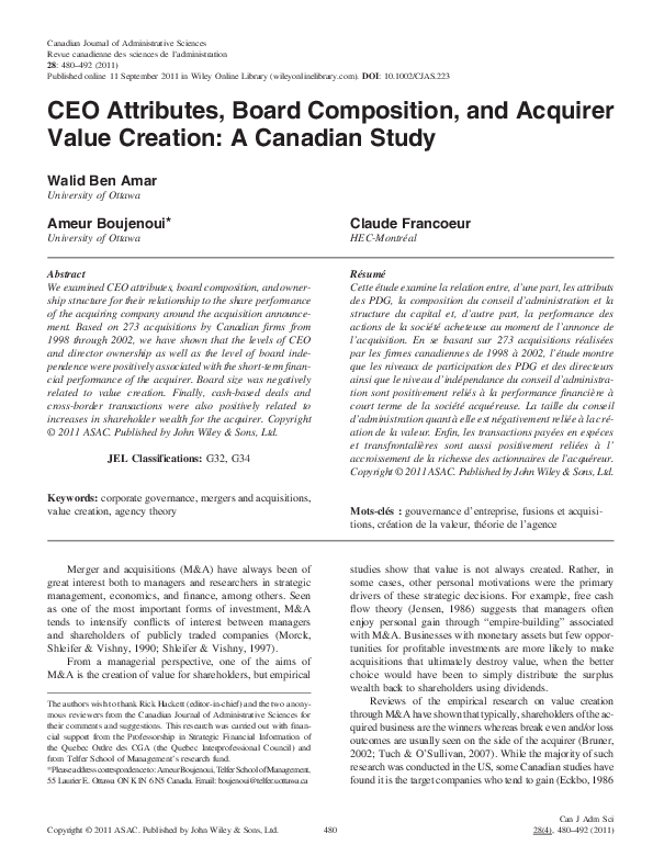 (PDF) CEO Attributes, Board Composition, and Acquirer Value Creation: A ...