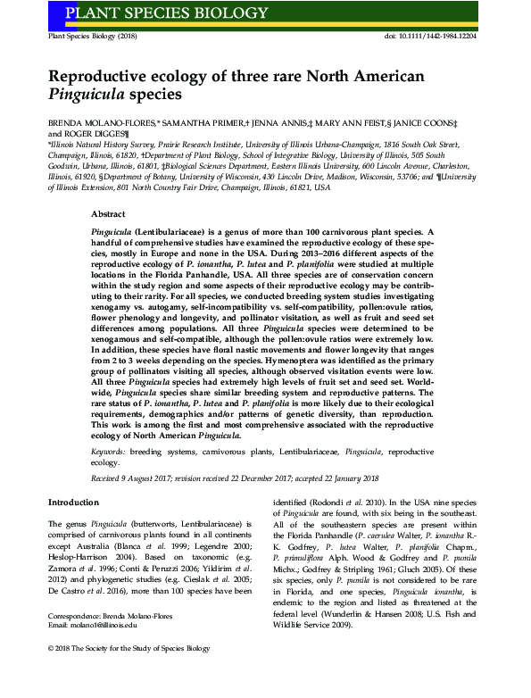 (PDF) Reproductive ecology of three rareNorthAmericanPinguiculaspecies