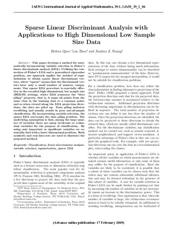 (PDF) Sparse Linear Discriminant Analysis with Applications to High ...