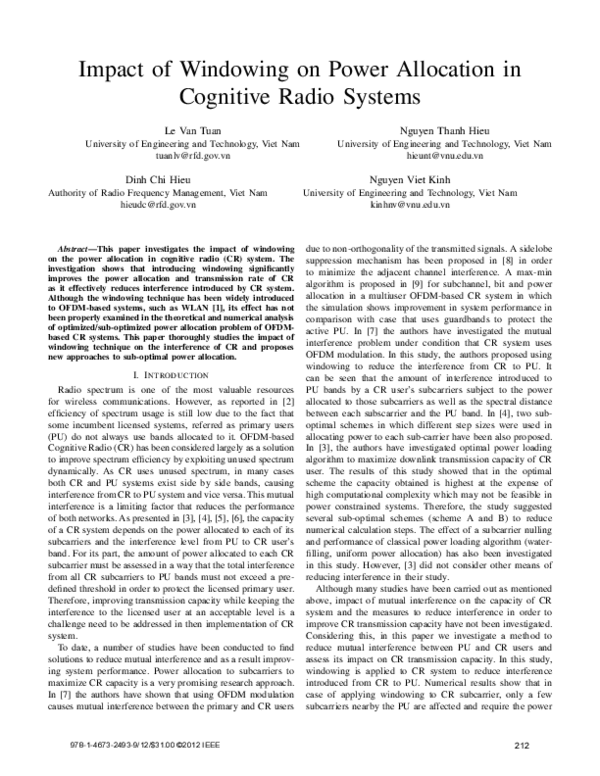 (PDF) Impact of windowing on power allocation in cognitive radio systems | Nguyen Thanh Hieu ...