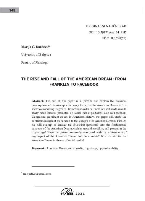 (PDF) The rise and fall of the American dream: From Franklin to Facebook