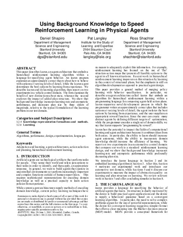 (PDF) Using background knowledge to speed reinforcement learning in physical agents
