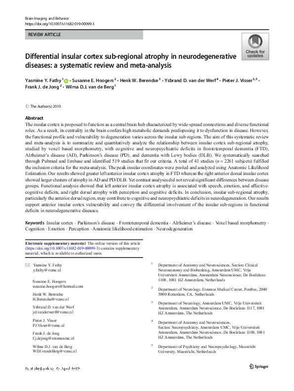 (PDF) Differential insular cortex sub-regional atrophy in neurodegenerative diseases: a ...