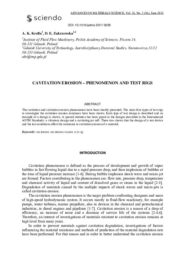 (PDF) Cavitation Erosion – Phenomenon and Test Rigs