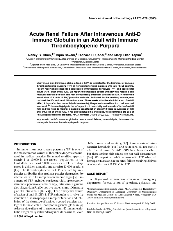 (PDF) Acute Renal Failure Post Anti-D IGIV in ITP: Case Report
