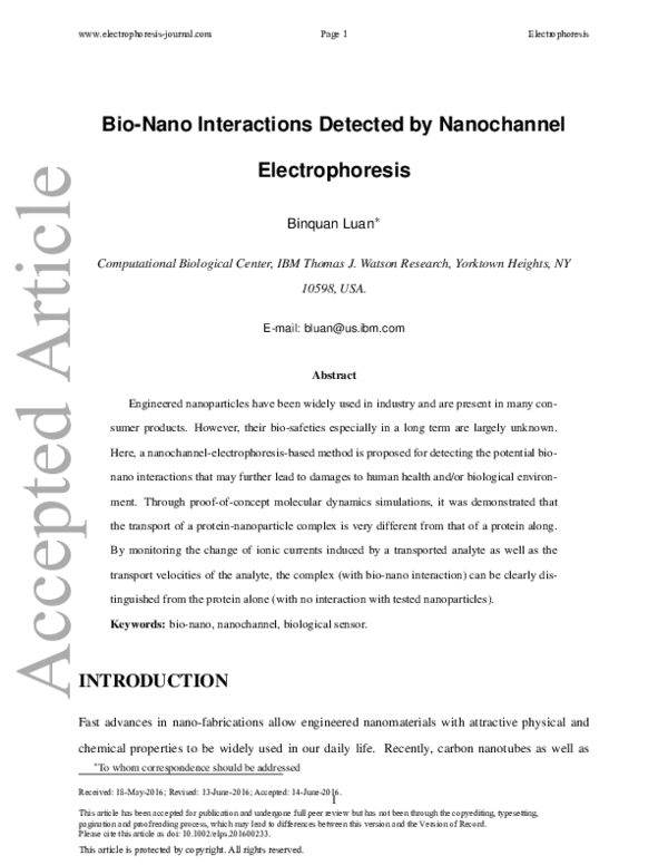 (PDF) Bio-nano interactions detected by nanochannel electrophoresis