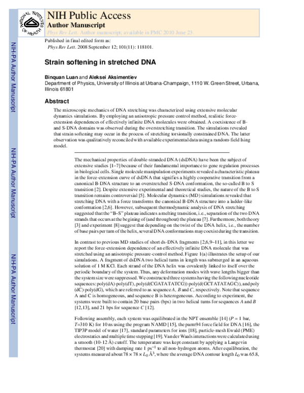 (PDF) Strain Softening in Stretched DNA