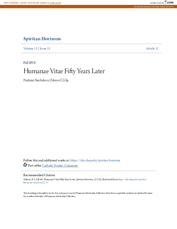 (PDF) Humanae Vitae: Fifty Years Later