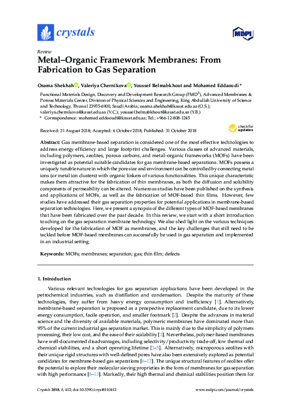 (PDF) Metal–Organic Framework Membranes: From Fabrication to Gas Separation