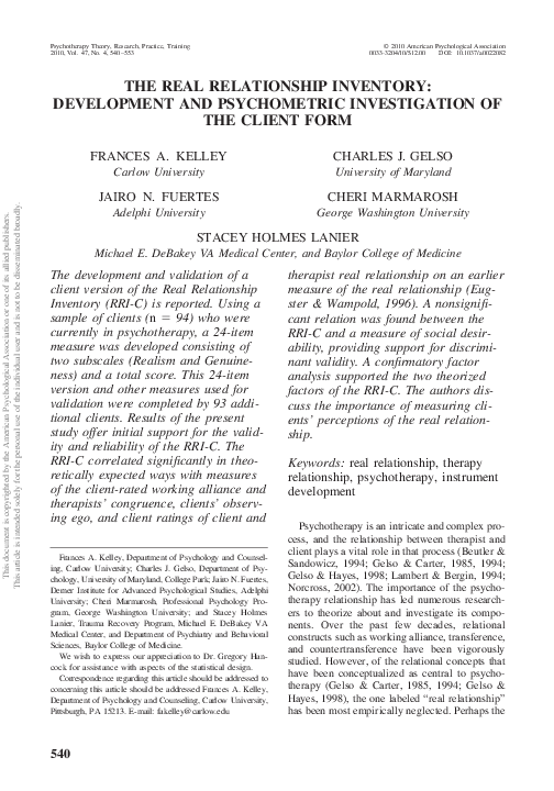 (PDF) The real relationship inventory: development and psychometric investigation of the client form
