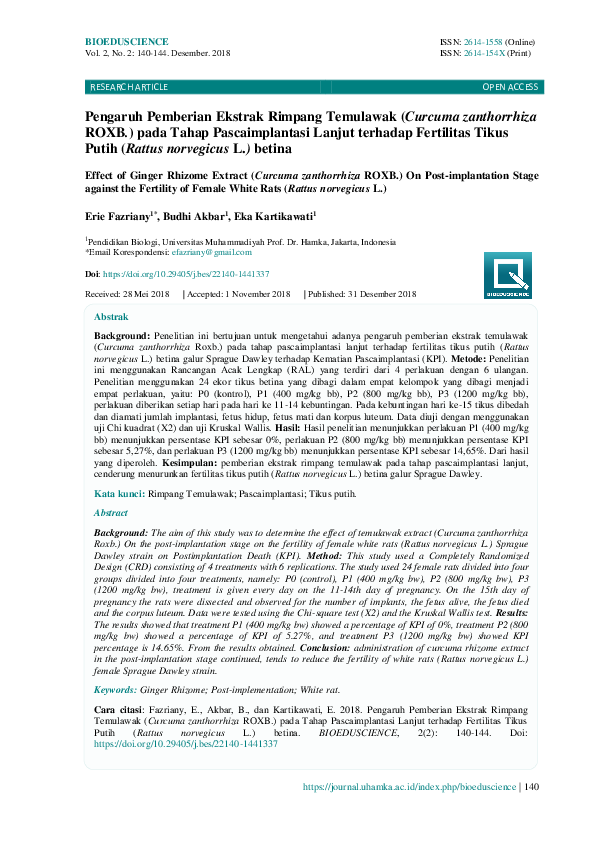 (PDF) Pengaruh Pemberian Ekstrak Rimpang Temulawak (Curcuma ...