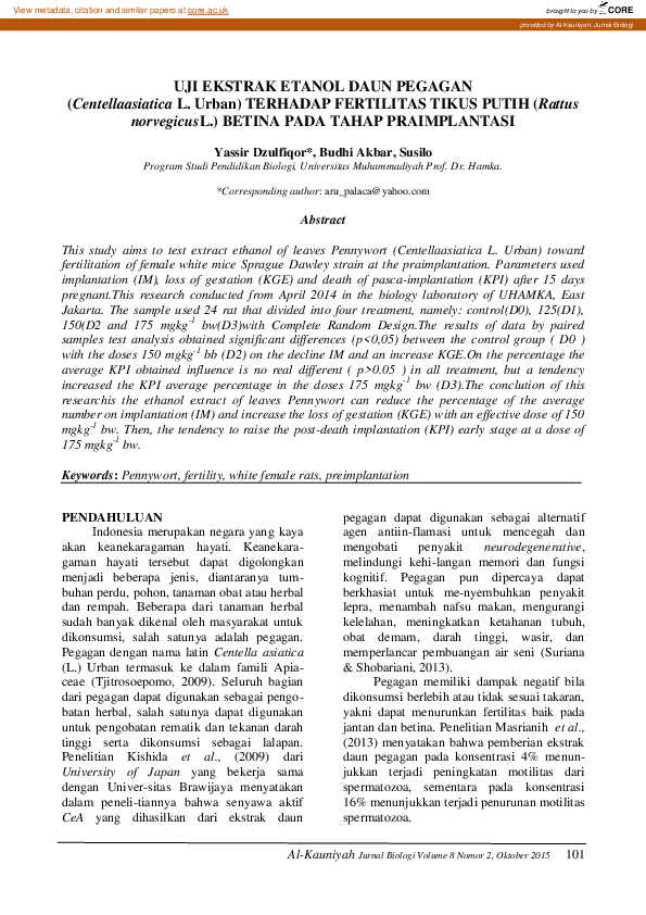 (PDF) Uji Ekstrak Etanol Daun Pegagan (Centella asiatica L. Urban) terhadap Fertilitas Tikus ...