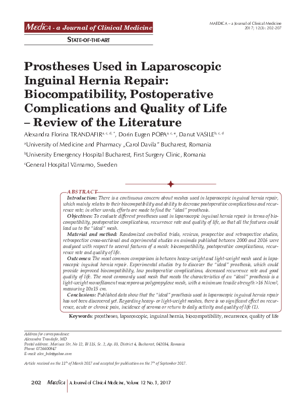 (PDF) Prostheses Used in Laparoscopic Inguinal Hernia Repair: Biocompatibility, Postoperative ...