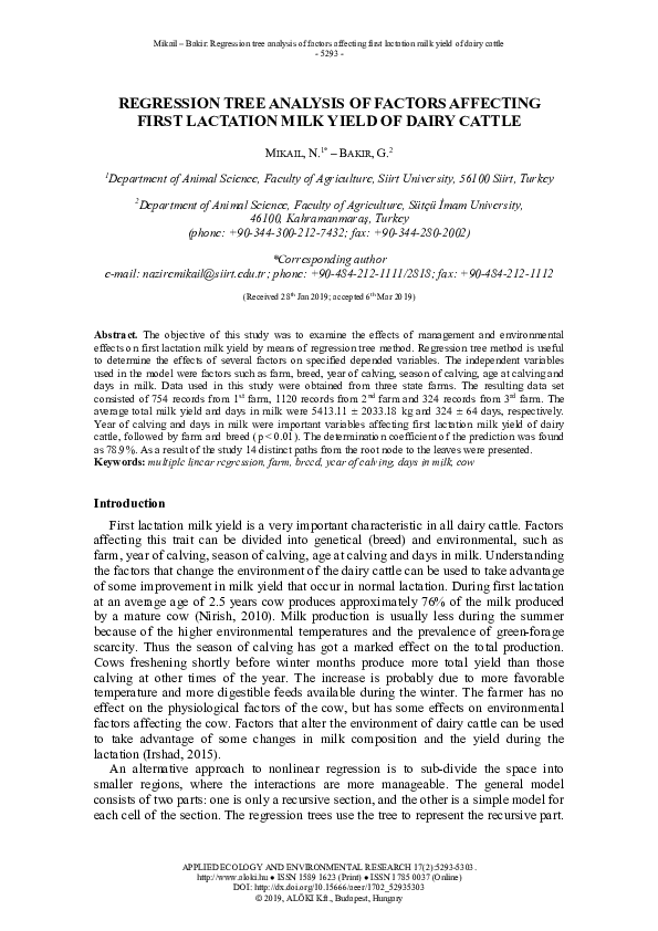 (PDF) Regression Tree Analysis of Factors Affecting First Lactation Milk Yield of Dairy Cattle