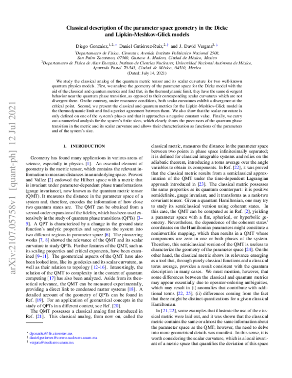 (PDF) Classical description of the parameter space geometry in the Dicke and Lipkin-Meshkov ...