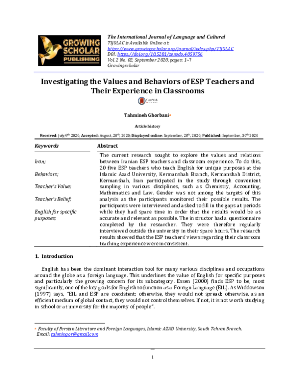 (PDF) Investigating the Values and Behaviors of ESP Teachers and Their Experience in Classrooms