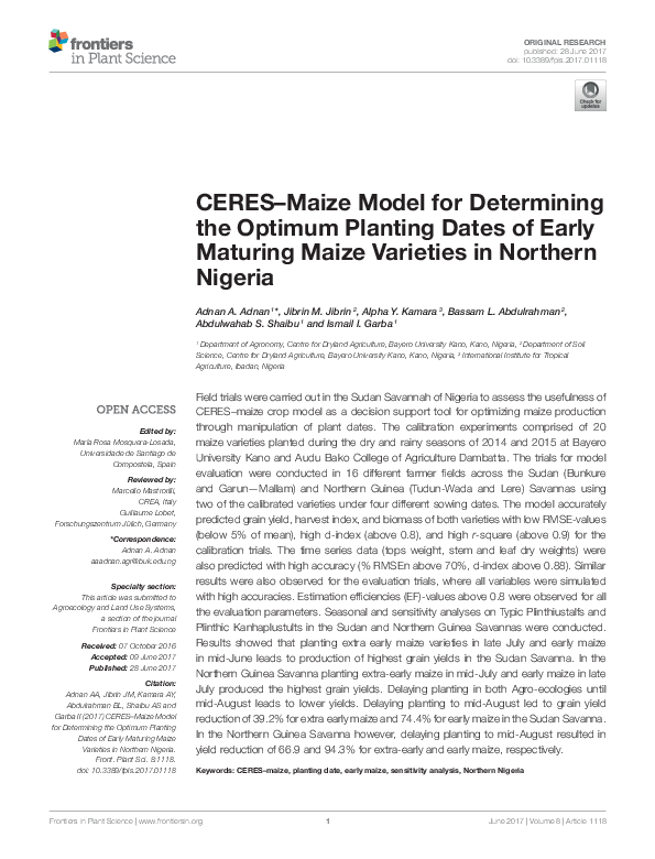Pdf Ceres Maize Model For Determining The Optimum Planting Dates Of Early Maturing Maize