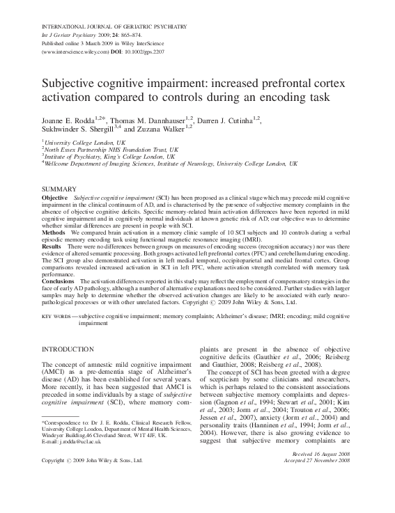 (PDF) Subjective cognitive impairment: increased prefrontal cortex activation compared to ...