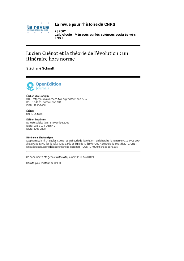 (PDF) Lucien Cuénot et la théorie de l’évolution : un itinéraire hors norme