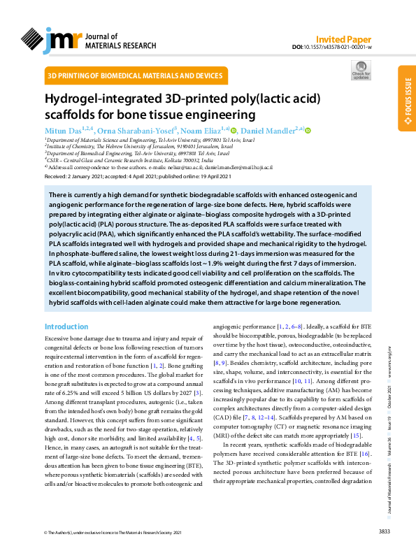 (PDF) Hydrogel-integrated 3D-printed poly(lactic acid) scaffolds for bone tissue engineering