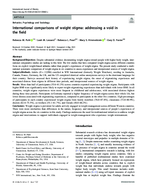 (PDF) International comparisons of weight stigma: addressing a void in the field