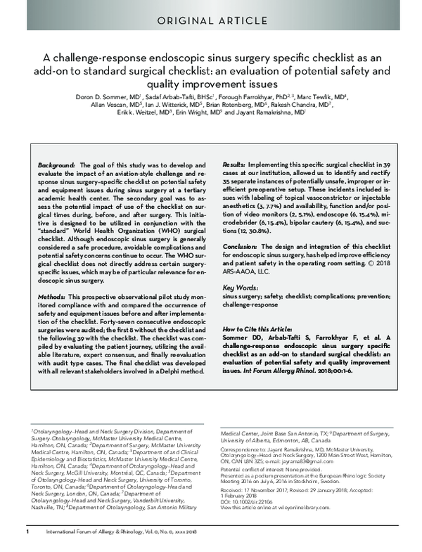 (PDF) A challenge-response endoscopic sinus surgery specific checklist ...