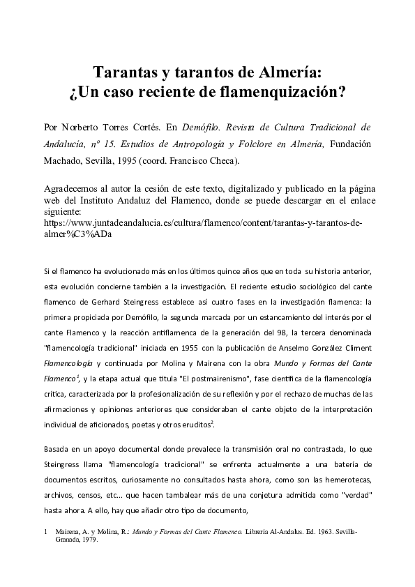 Tarantas y tarantos de Almería: ¿un caso reciente de flamenquización?