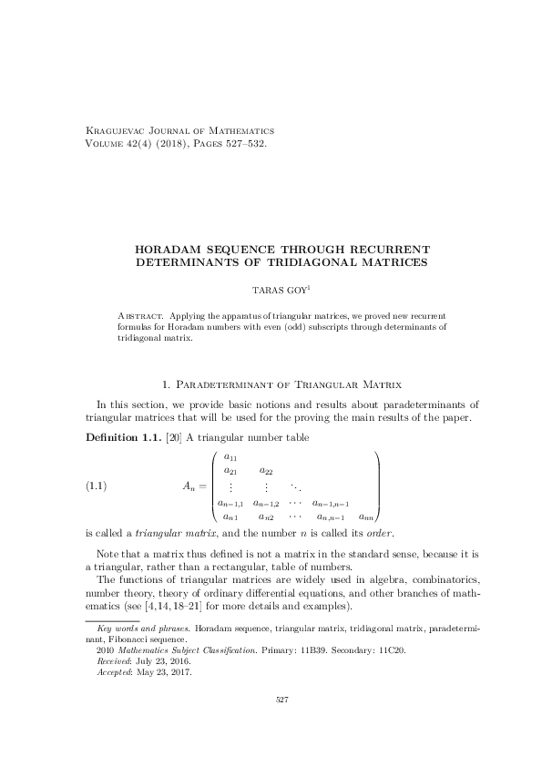 (PDF) Horadam sequence through recurrent determinants of tridiagonal matrices