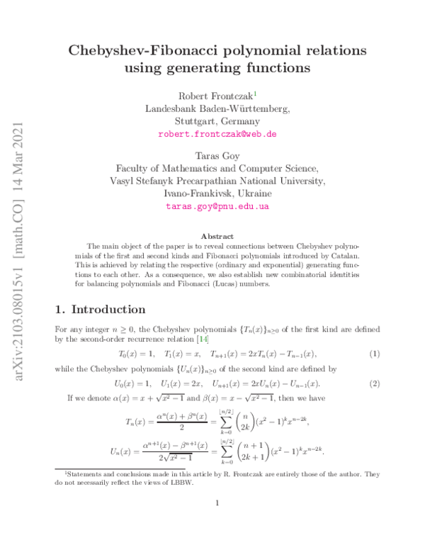 (PDF) Chebyshev-Fibonacci polynomial relations using generating functions