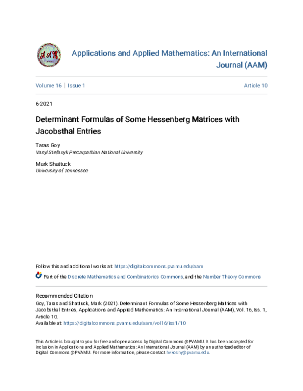 (PDF) Determinant Formulas of Some Hessenberg Matrices with Jacobsthal Entries