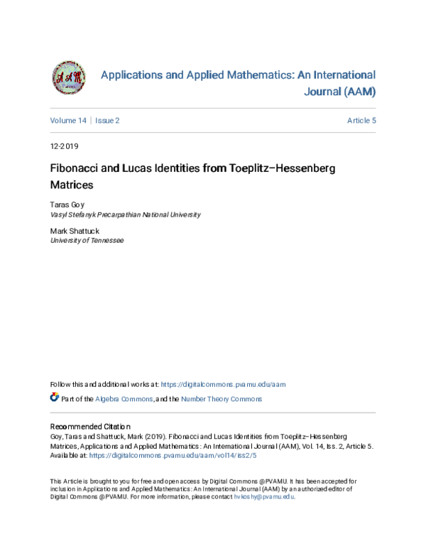 (PDF) Fibonacci and Lucas Identities from Toeplitz–Hessenberg Matrices