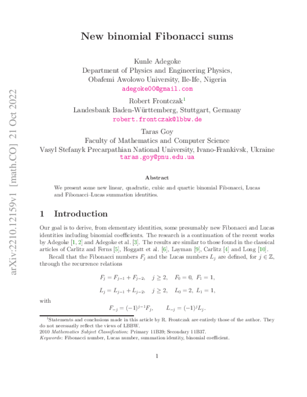 (PDF) New binomial Fibonacci sums