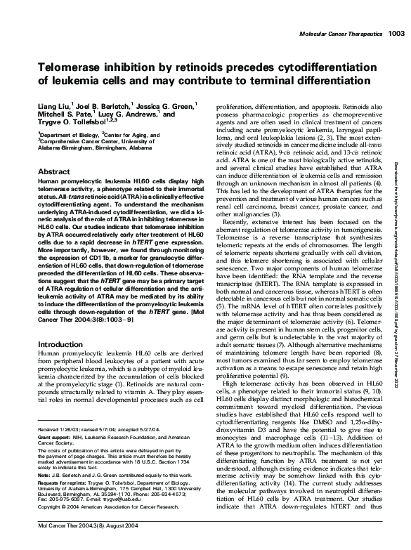 (PDF) Telomerase inhibition by retinoids precedes cytodifferentiation of leukemia cells and may ...