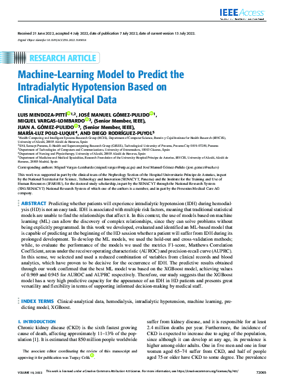 Pdf Machine Learning Model To Predict The Intradialytic Hypotension Based On Clinical