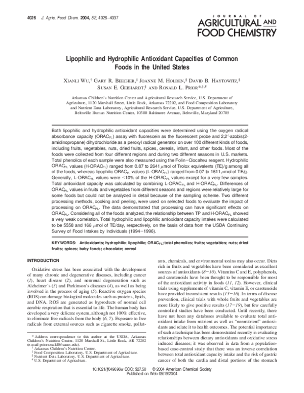 Pdf Lipophilic And Hydrophilic Antioxidant Capacities Of Common Foods