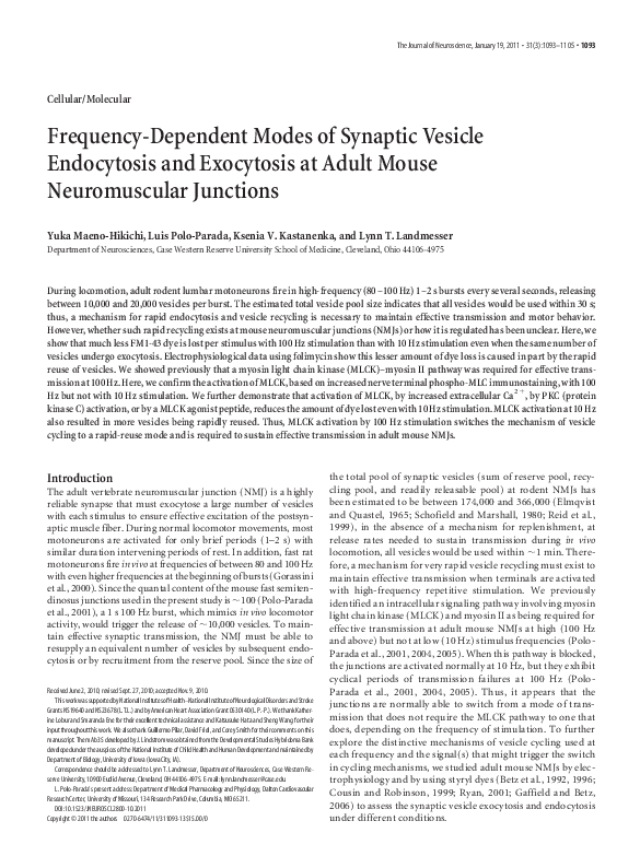 (PDF) Frequency-Dependent Modes of Synaptic Vesicle Endocytosis and Exocytosis at Adult Mouse ...