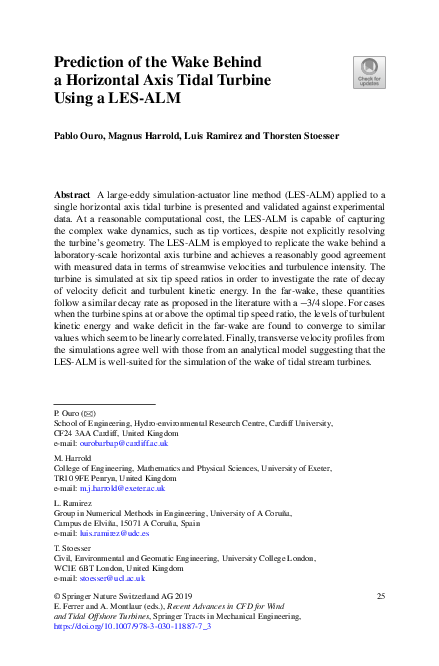 (PDF) Prediction of the Wake Behind a Horizontal Axis Tidal Turbine Using a LES-ALM | Luis ...
