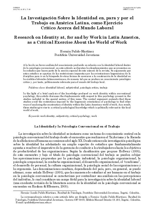 (PDF) La Investigación Sobre la Identidad en, para y por el Trabajo en ...
