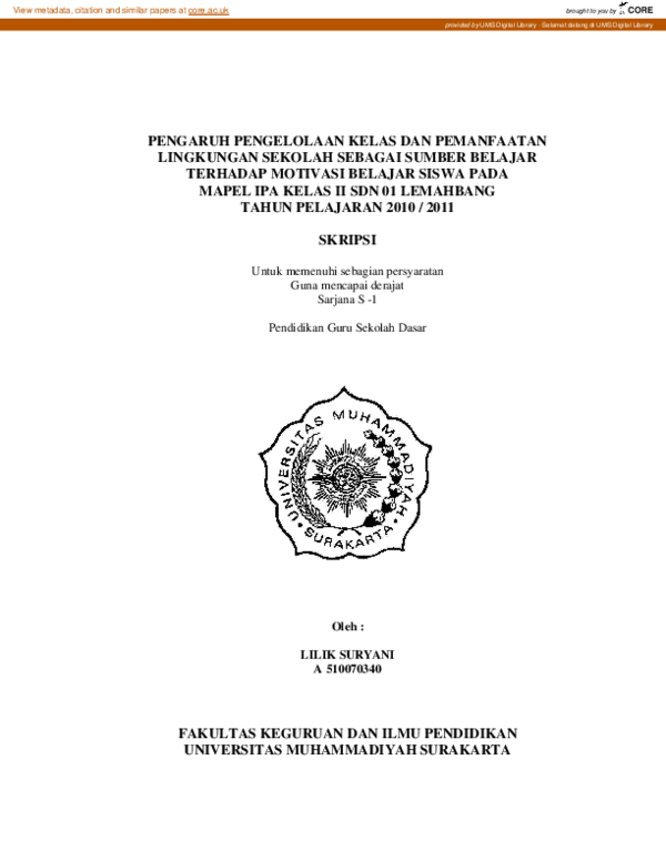 (PDF) Pengaruh Pengelolaan Kelas Dan Pemanfaatan Lingkungan Sekolah ... (PDF) Pengaruh Pengelolaan Kelas Dan Pemanfaatan Lingkungan Sekolah ...