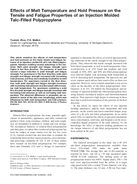 (PDF) Effects of melt temperature and hold pressure on the tensile and fatigue properties of an ...