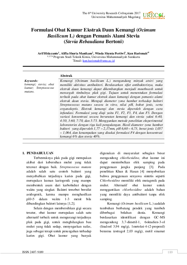 (PDF) Formulasi Obat Kumur Ekstrak Daun Kemangi (Ocimum basilicum L) dengan Pemanis Alami Stevia ...