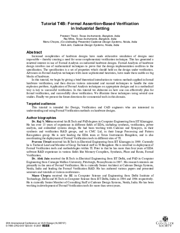 (PDF) Tutorial T4B: Formal Assertion-Based Verification in Industrial Setting