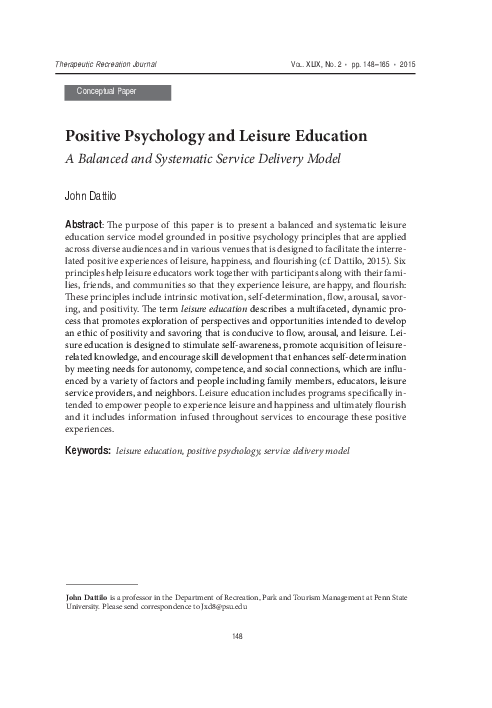(PDF) Positive psychology and leisure education: a balanced and ...