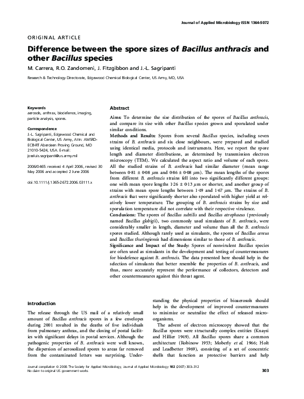 (PDF) Difference between the spore sizes of Bacillus anthracis and ...
