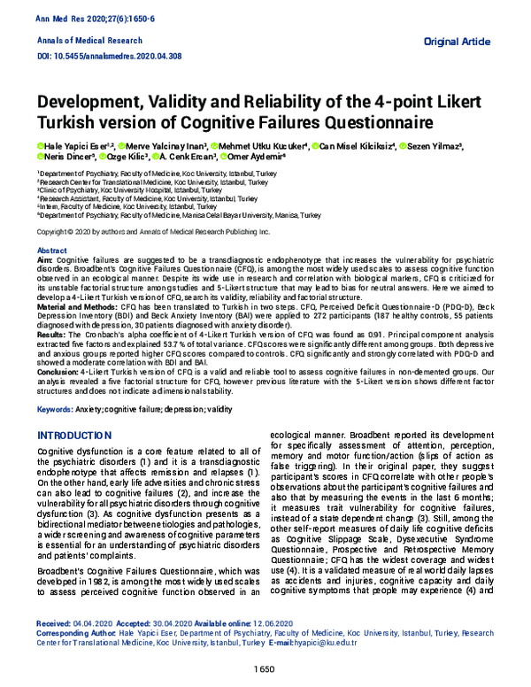 (PDF) Development, Validity and Reliability of the 4-point Likert Turkish version of Cognitive ...