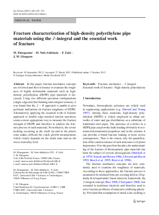 (PDF) Fracture characterization of high-density polyethylene pipe materials using the $$J$$ J ...