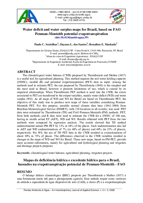 (PDF) Water deficit and water surplus maps for Brazil, based on FAO ...