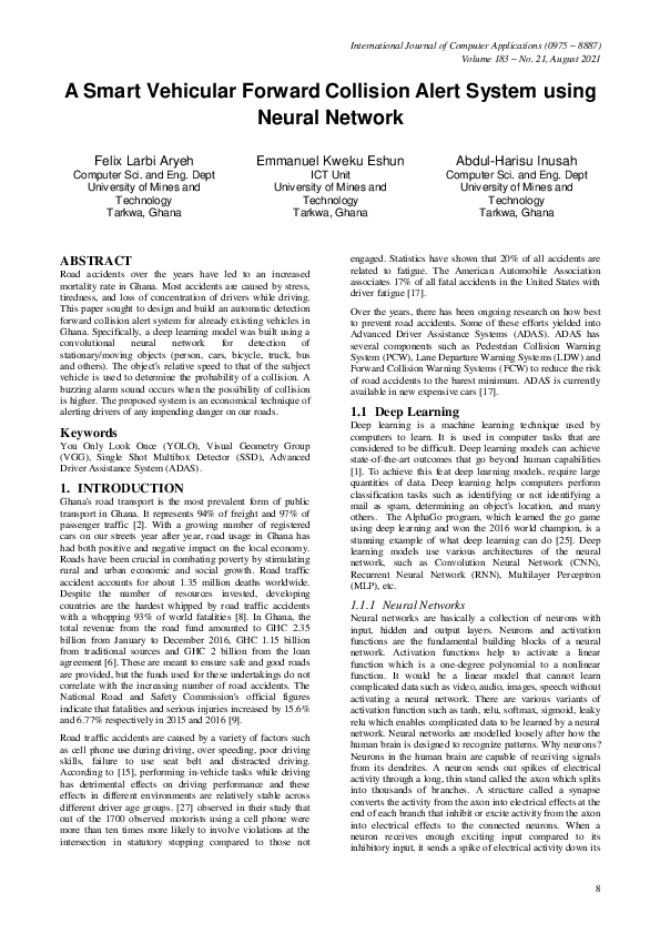 Pdf A Smart Vehicular Forward Collision Alert System Using Neural Network